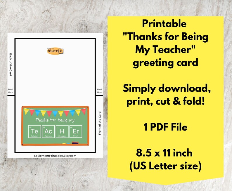 Science Teacher Thank You Card, Printable, Chemistry, Periodic Table of ...