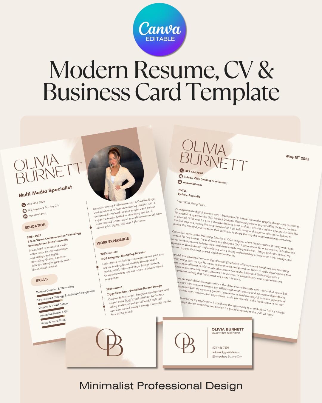 Modern Resume Template + Cover Letter + Business Card | Canva Editable ...
