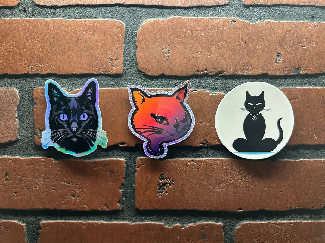 Cat Stickers 3-pack, Holographic Cat Decal, Glitter Cat Sticker, Black ...