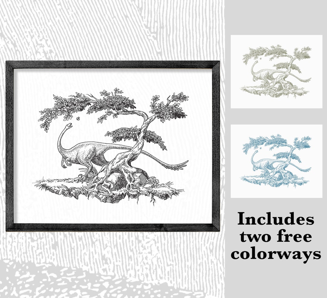 Dino Tree | Pen and Ink Art | Jurassic Wall Poster | Black and White ...