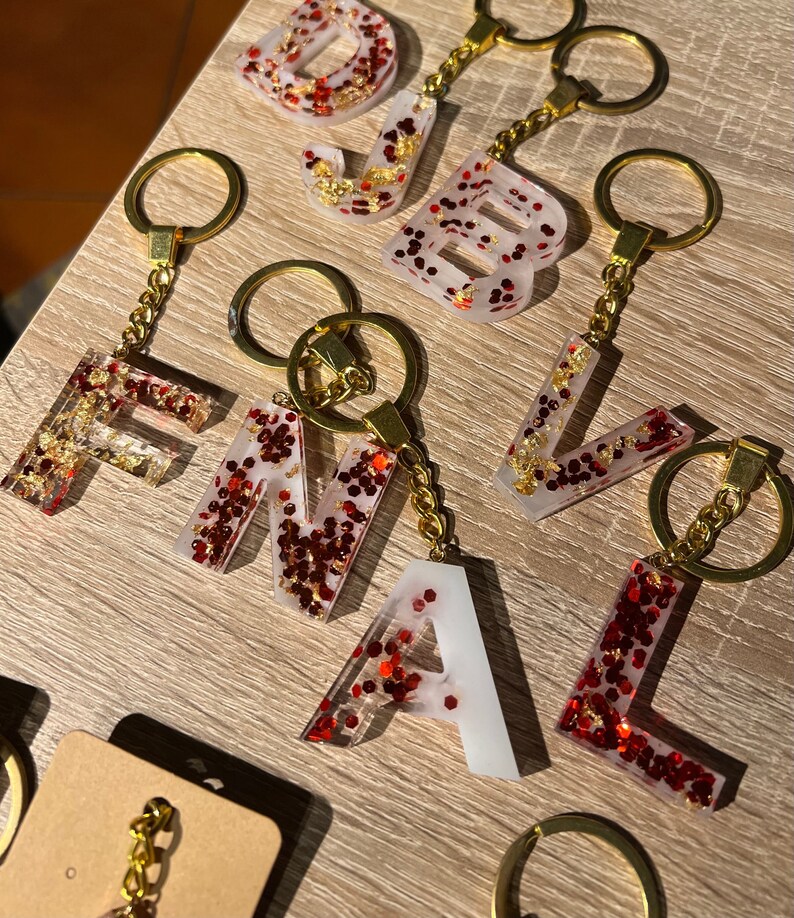 Resin Letter Keychain White Red Gold Flakes Handmade by Dorart.eu - Etsy