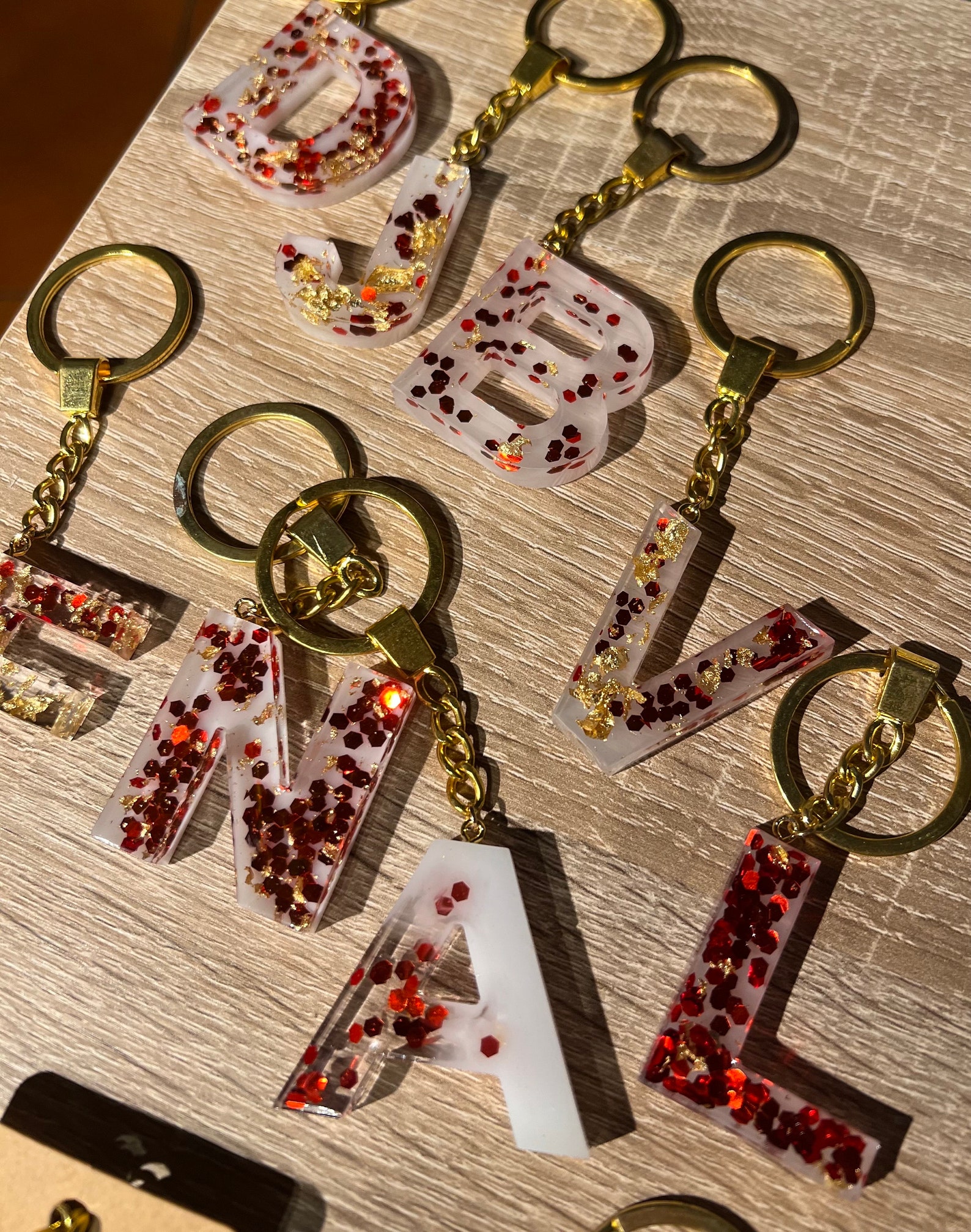 Resin Letter Keychain White Red Gold Flakes Handmade by Dorart.eu - Etsy
