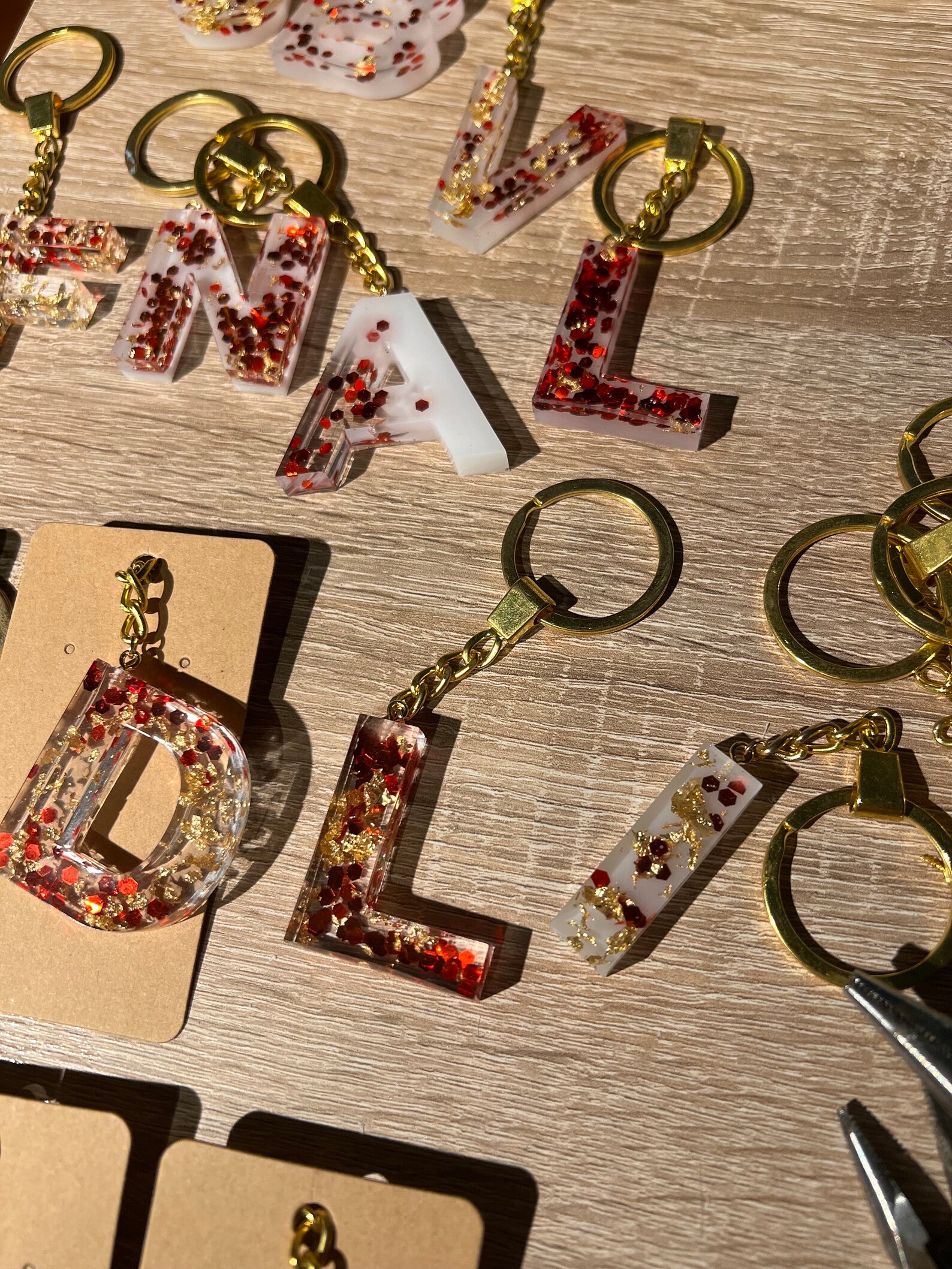 Resin Letter Keychain White Red Gold Flakes Handmade by Dorart.eu - Etsy