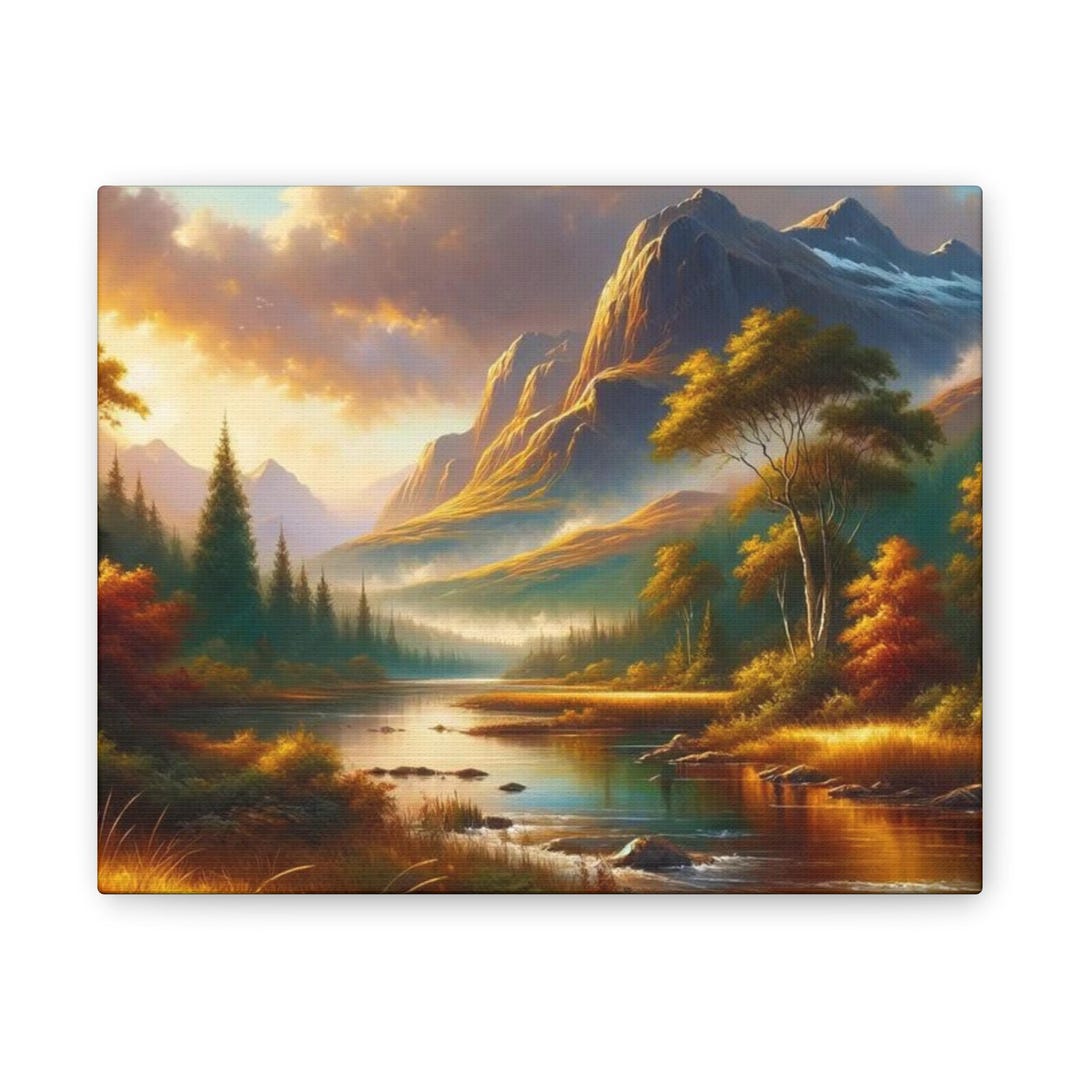 Landscape Sunshine Cloudy Nature Beauty With Mountains, River, Trees on ...