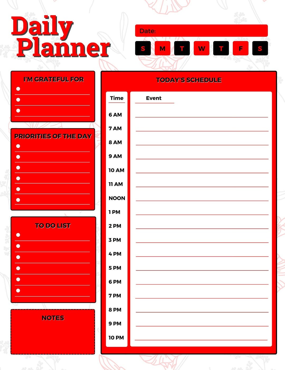 Red Digital Daily Planner - Printable - Etsy