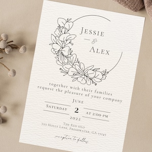 Simple Floral Wedding Invitation Template | Modern Minimalistic Wedding ...