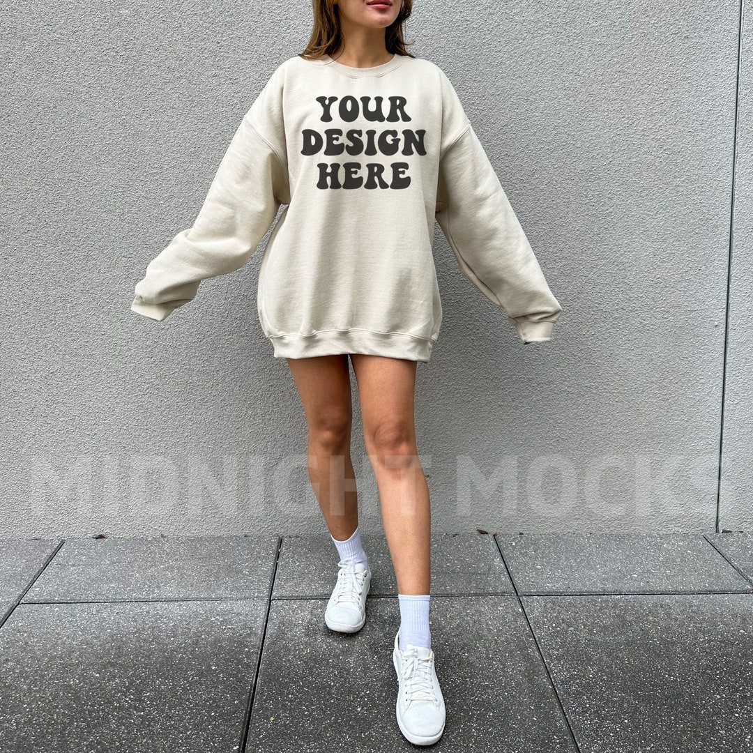 Gildan 18000 Sand Crewneck Mockup, Oversized Sweatshirt Mockup, Trendy ...