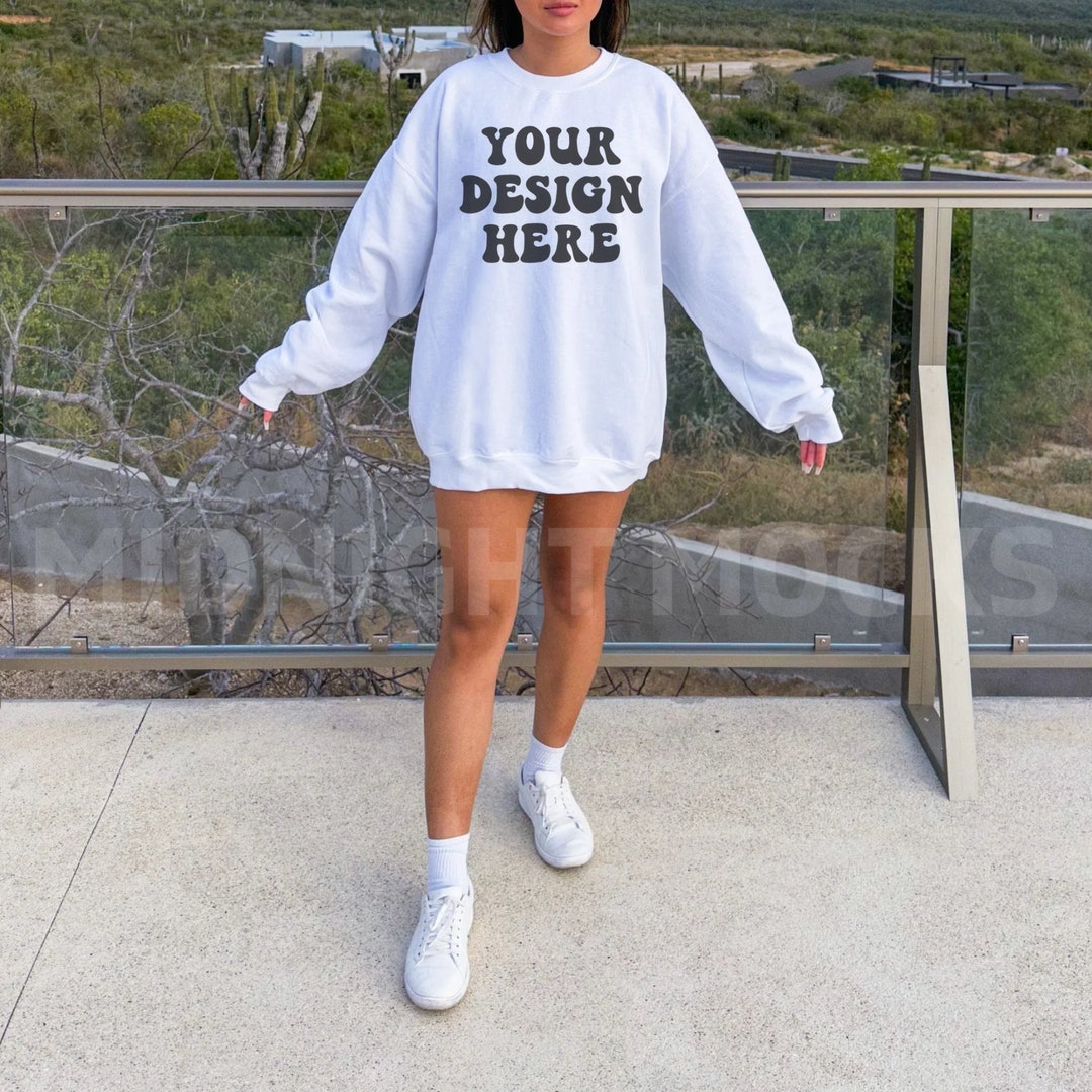 Gildan 18000 White Crewneck Mockup, Oversized Sweatshirt Mockup, Trendy ...