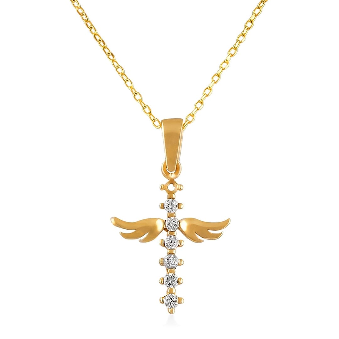 CZ Gold Angel Cross Pendant Necklace, Elegant Minimalist Spiritual ...