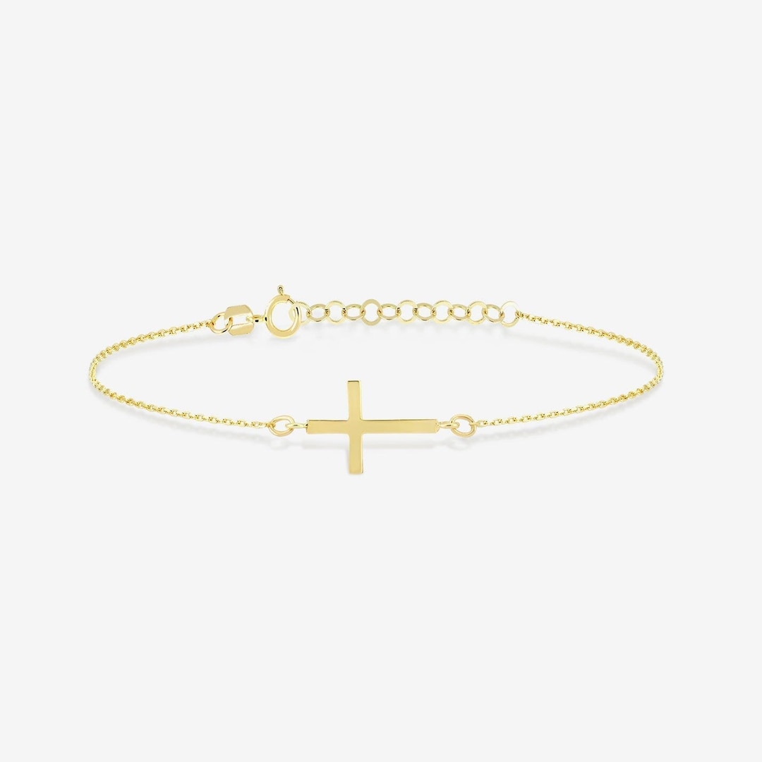 14k Real Solid Gold Cross Bracelet, Elegant Minimalist Jewelry, Chic ...