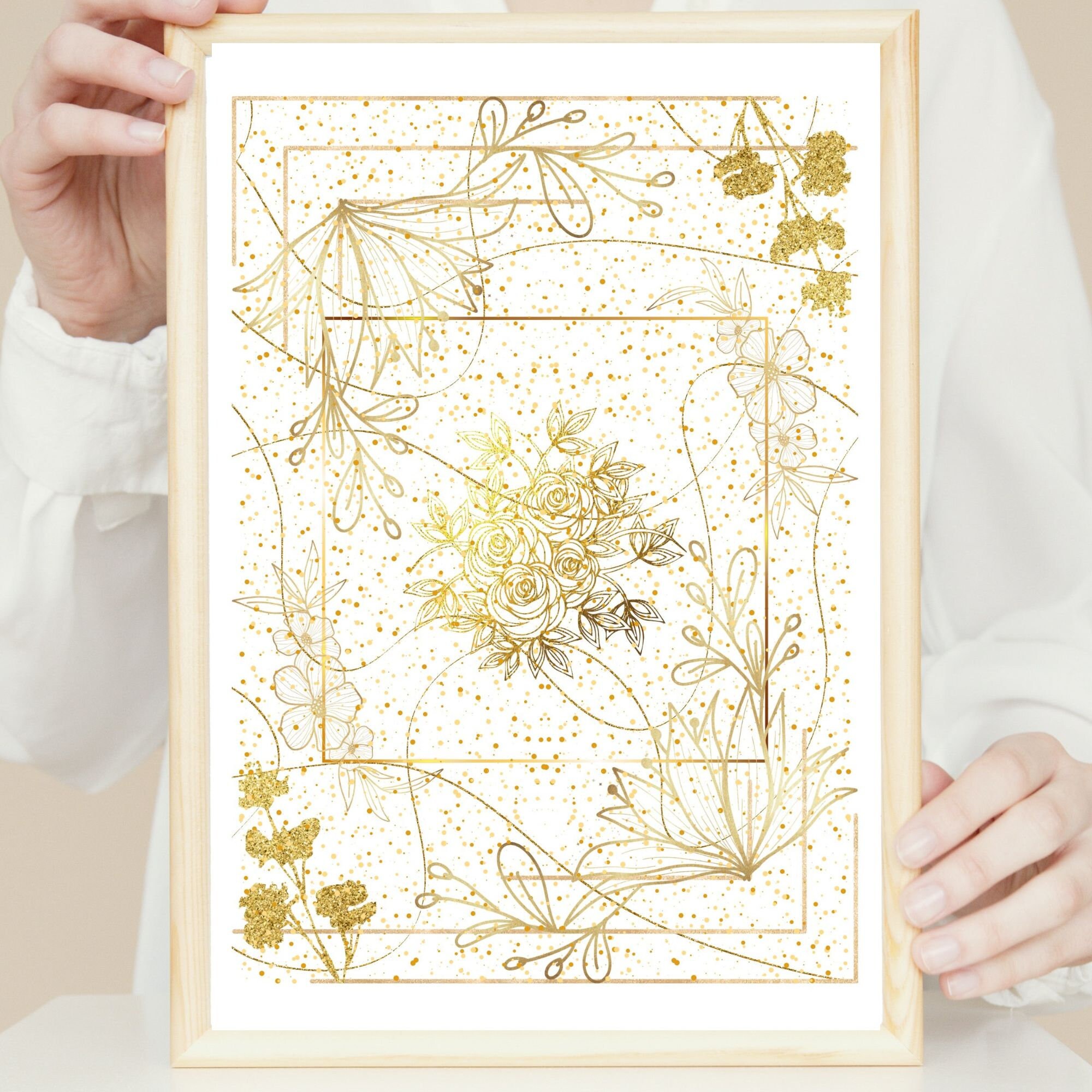 Golden Flower Botanical Printable Wall Art Flower Prints - Etsy