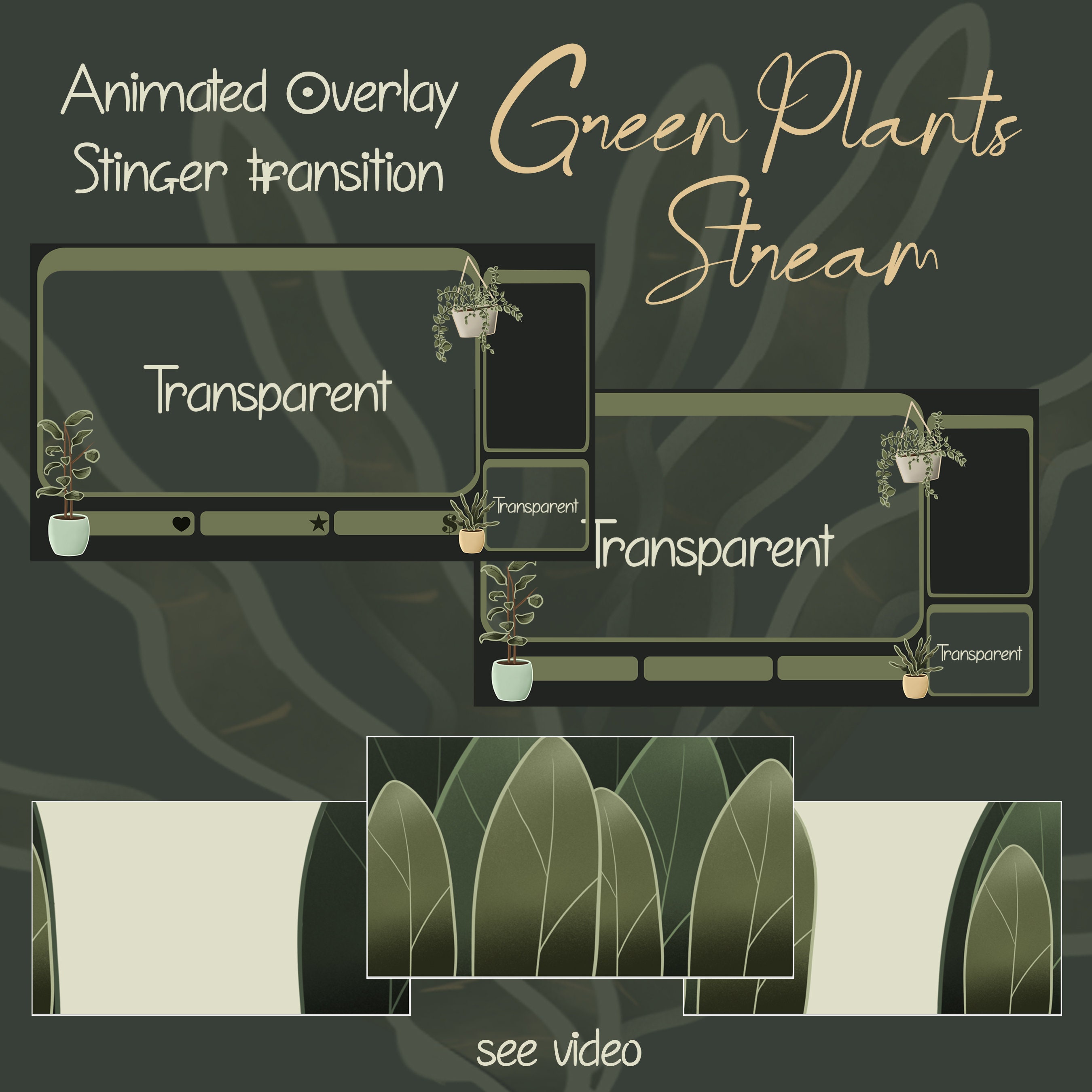Cute Green Plants Twitch Overlay + Stinger Transition, Stream Overlays ...