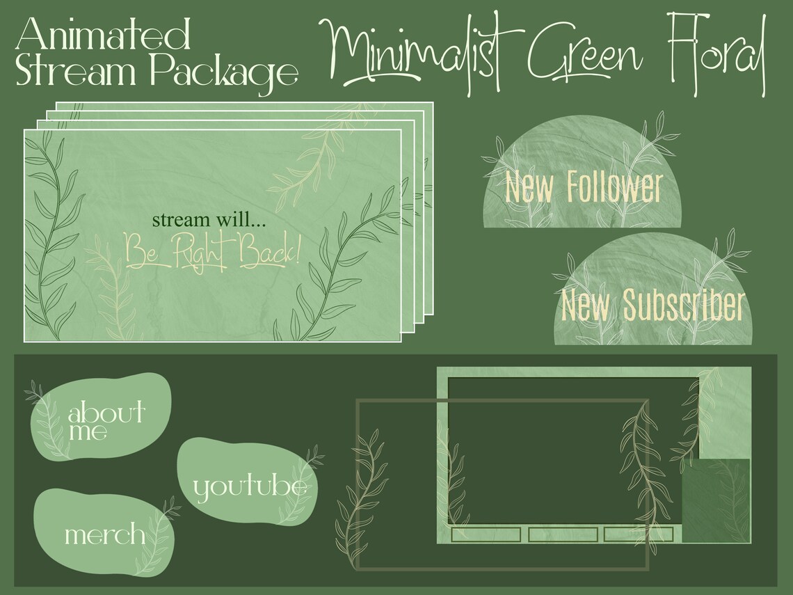 Minimalist Green Floral Stream Package for Twitch, Twitch Overlay ...