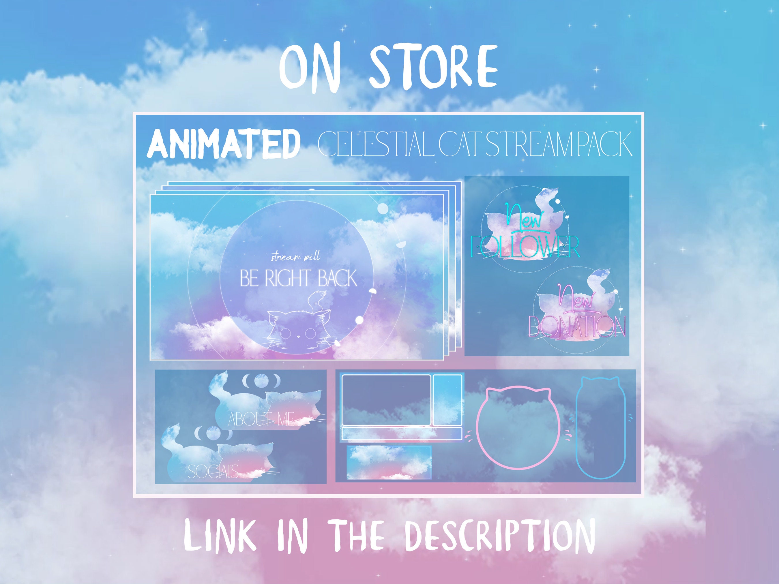 Pink Celestial Cat Stream Overlays for Twitch, Overlay Set, Animated ...