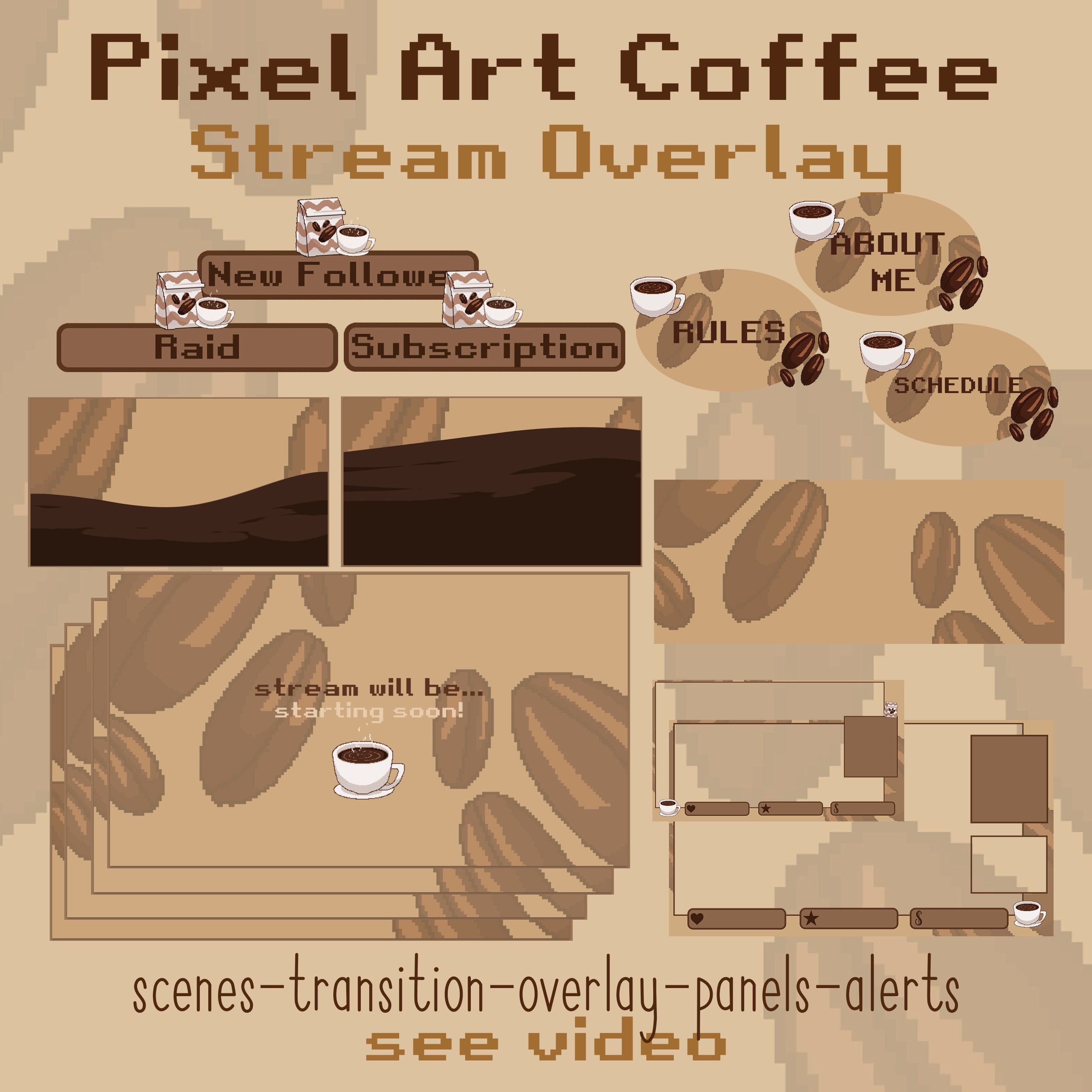 Retro Pixel Art Coffee Stream Overlay Package, Twitch Overlay Complete ...