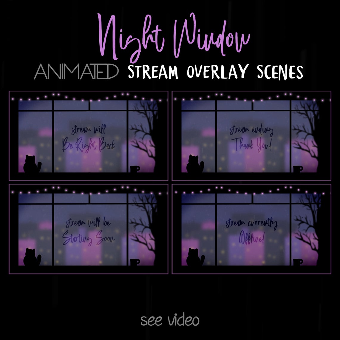 Night Window Stream Scenes Package, Animated Screens, Dark Theme - Etsy