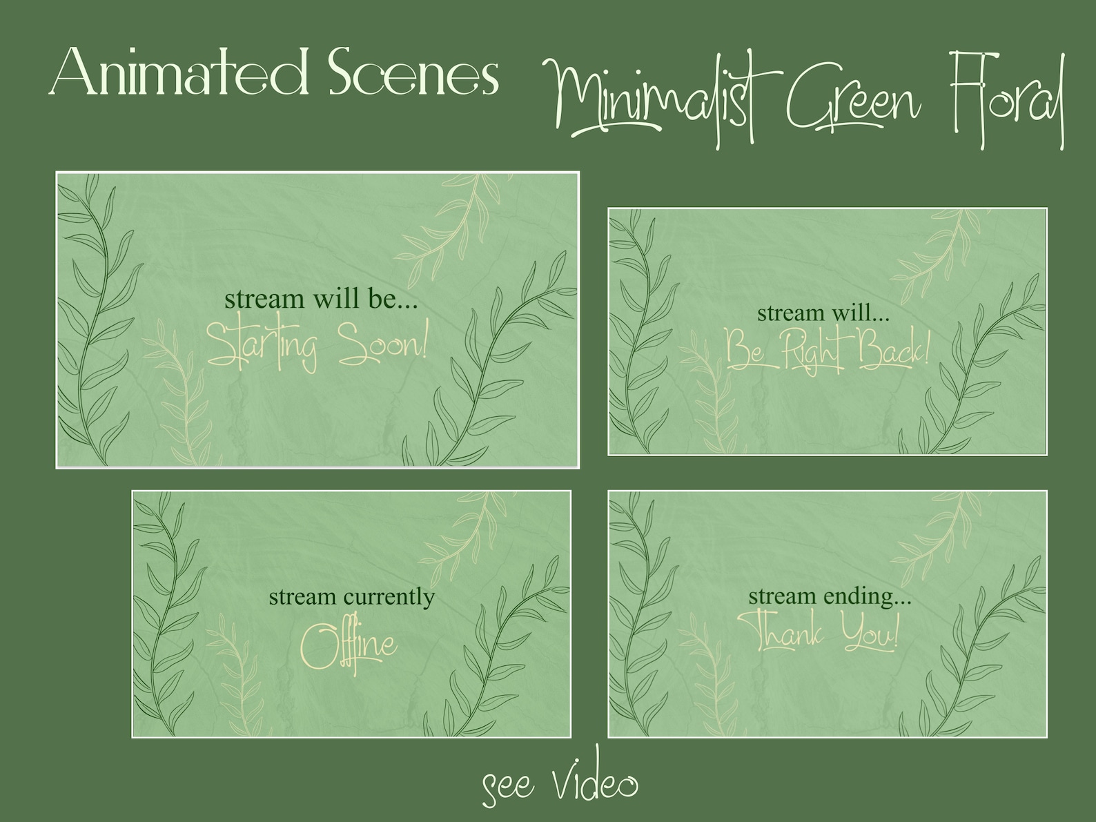 Minimalist Green Floral Stream Package for Twitch, Twitch Overlay ...