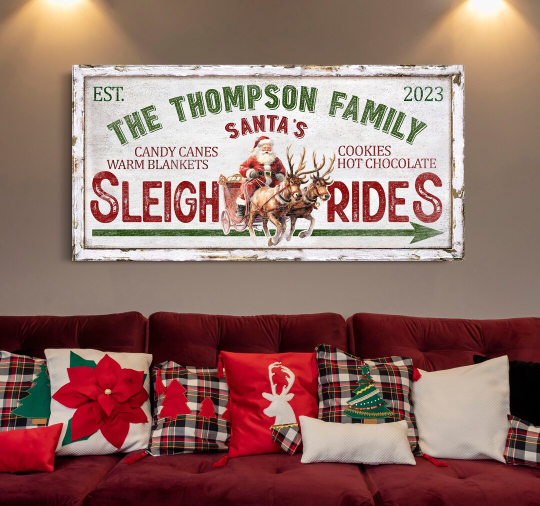 Personalized Santa's Sleigh Rides Sign, Holiday Christmas Spirit ...