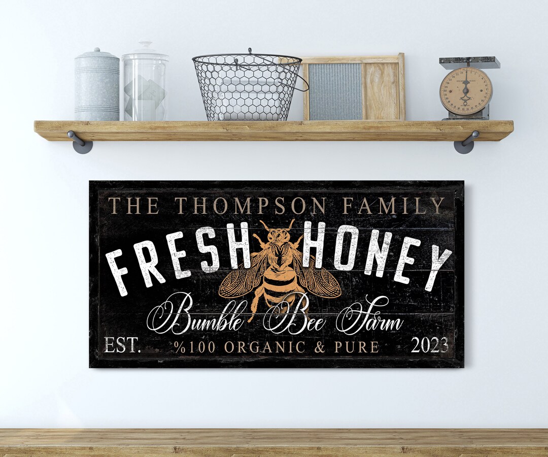 Personalized Fresh Honey Sign, Vintage Bumble Bee Farm Wall Art, Rustic ...