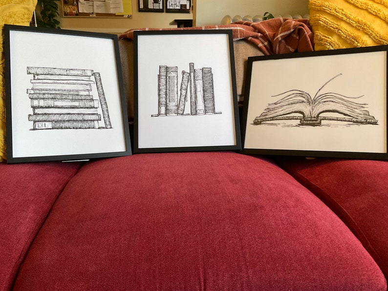 Books Stacked Sketch, Pen and Ink, Drawing, Print, Wall Art, Black and ...