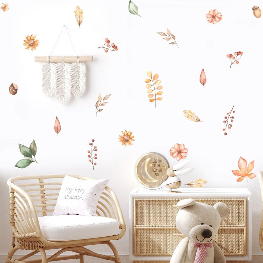 Neutral Wall Decal Sticker Leaves Flowers Botanical Florals Dorm ...