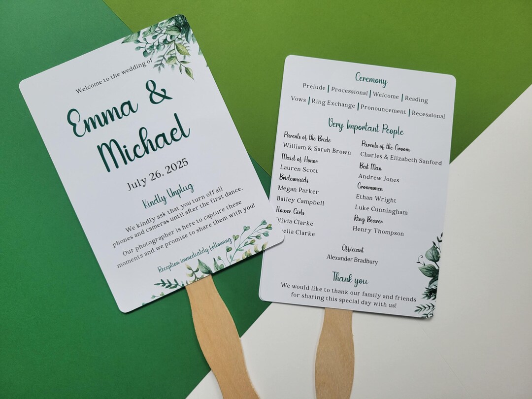 Green Wedding Program Fans Sets of 25, Green Wedding Programs Printed ...