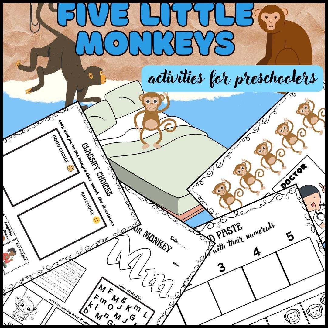 FIVE LITTLE MONKEYS- Activities for Preschoolers - Etsy