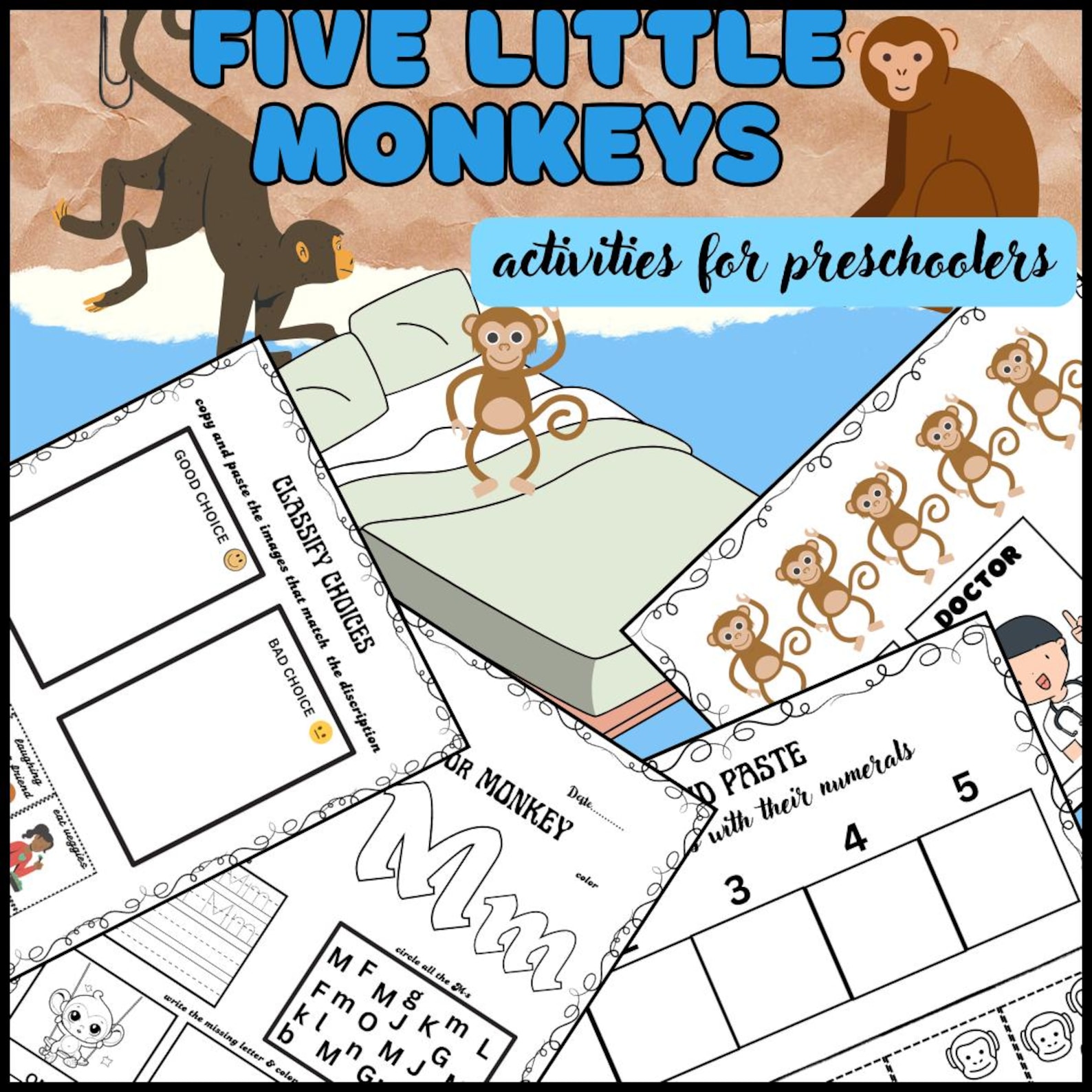 FIVE LITTLE MONKEYS- Activities for Preschoolers - Etsy