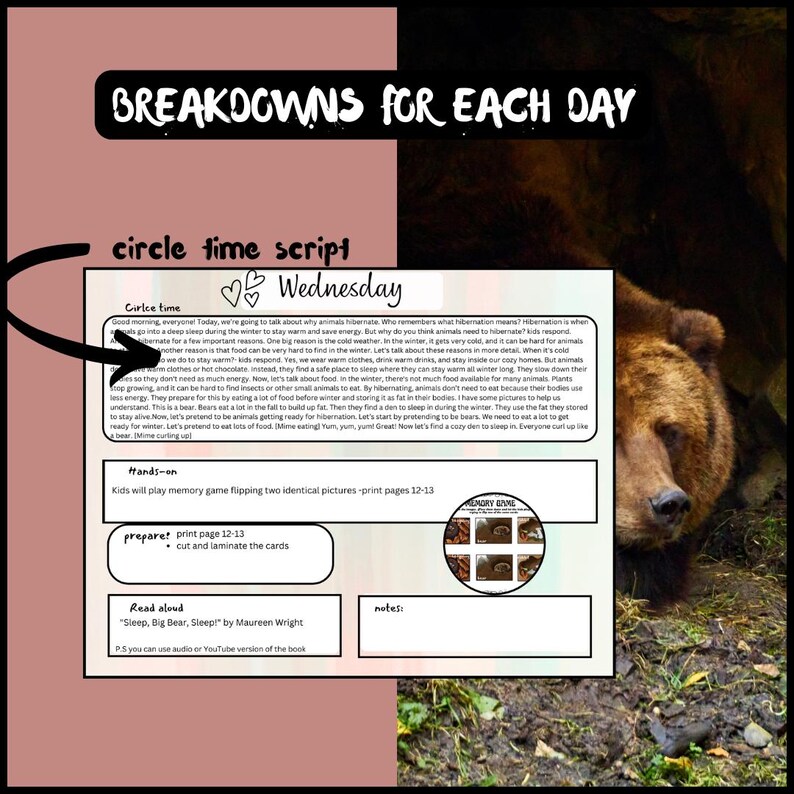 HIBERNATION- Preschool Weekly Lesson Plan - Etsy
