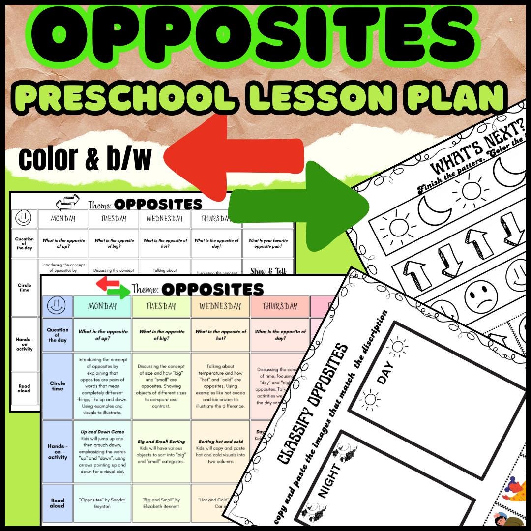 OPPOSITES- Preschool Weekly Lesson Plan - Etsy
