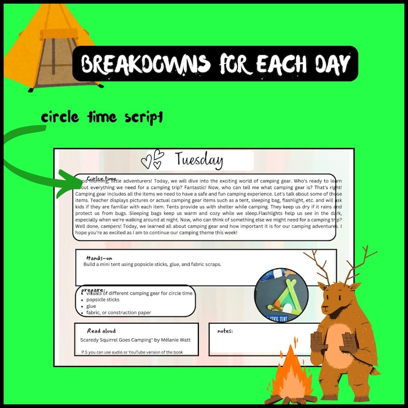 CAMPING- Preschool Weekly Lesson Plan - Etsy