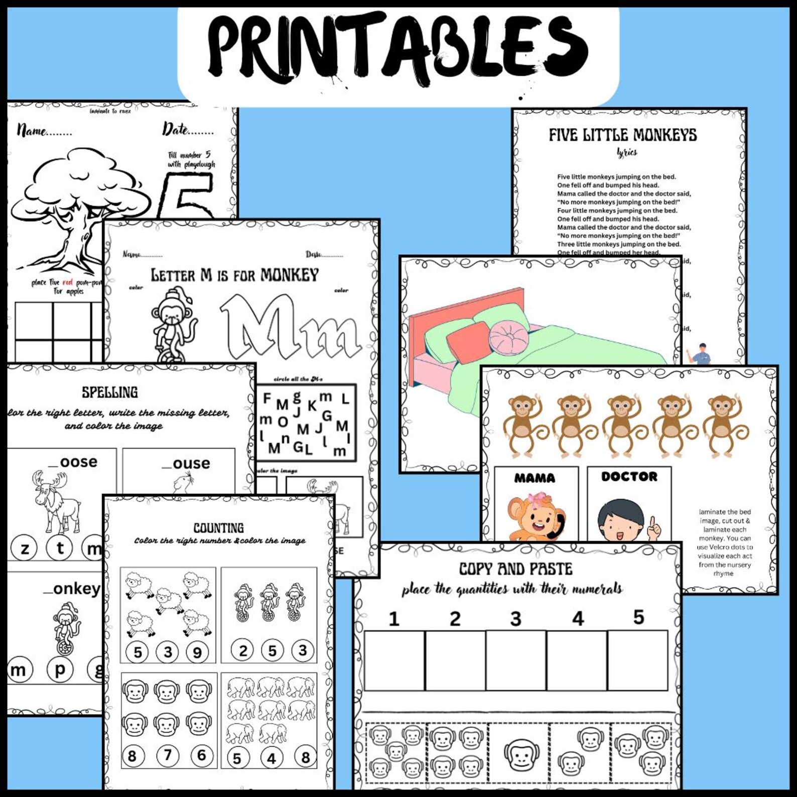 FIVE LITTLE MONKEYS- Activities for Preschoolers - Etsy