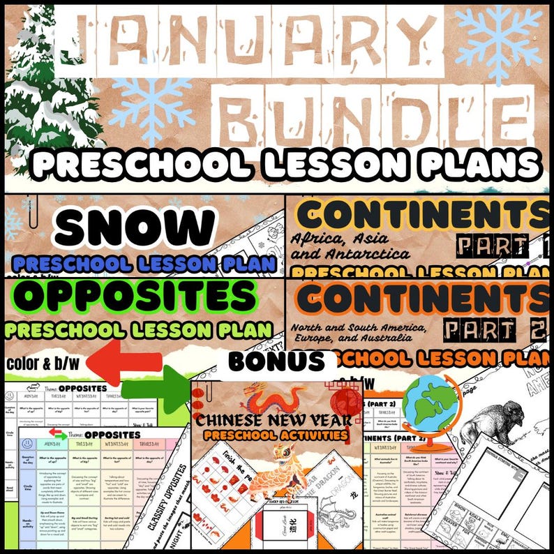 JANUARY BUNDLE Preschool Lesson Plans- Snow, Opposites, Continents Part ...