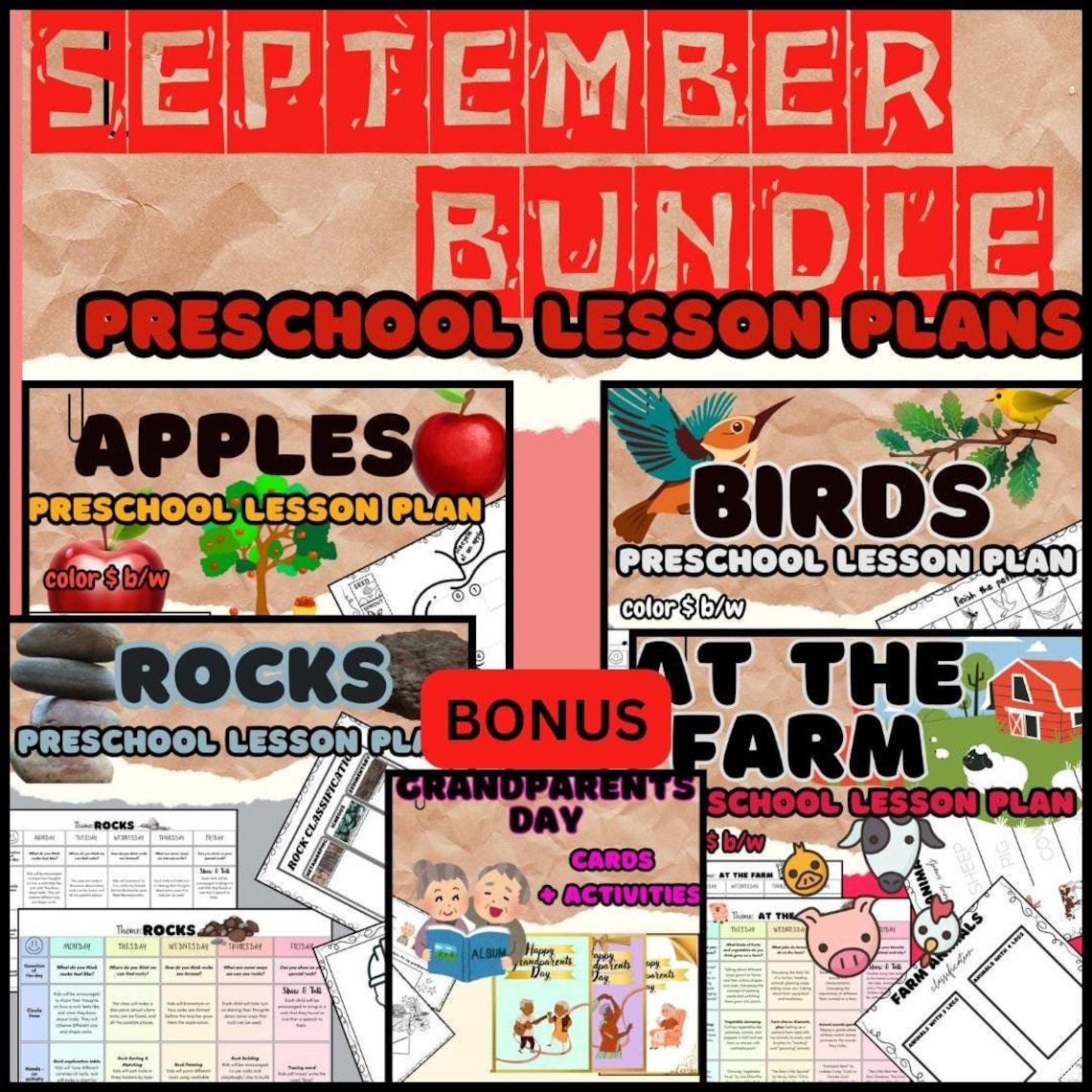 SEPTEMBER BUNDLE Preschool Lesson Plans- Farm, Apples, Birds, Rocks ...