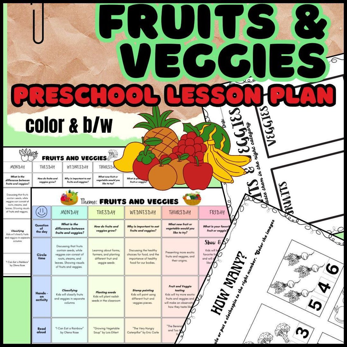 FRUIT AND VEGGIES- Preschool Weekly Lesson Plan - Etsy