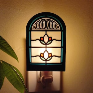 Faux Stained Glass Window Arch Night Light, Floral Design, Pink and Red ...