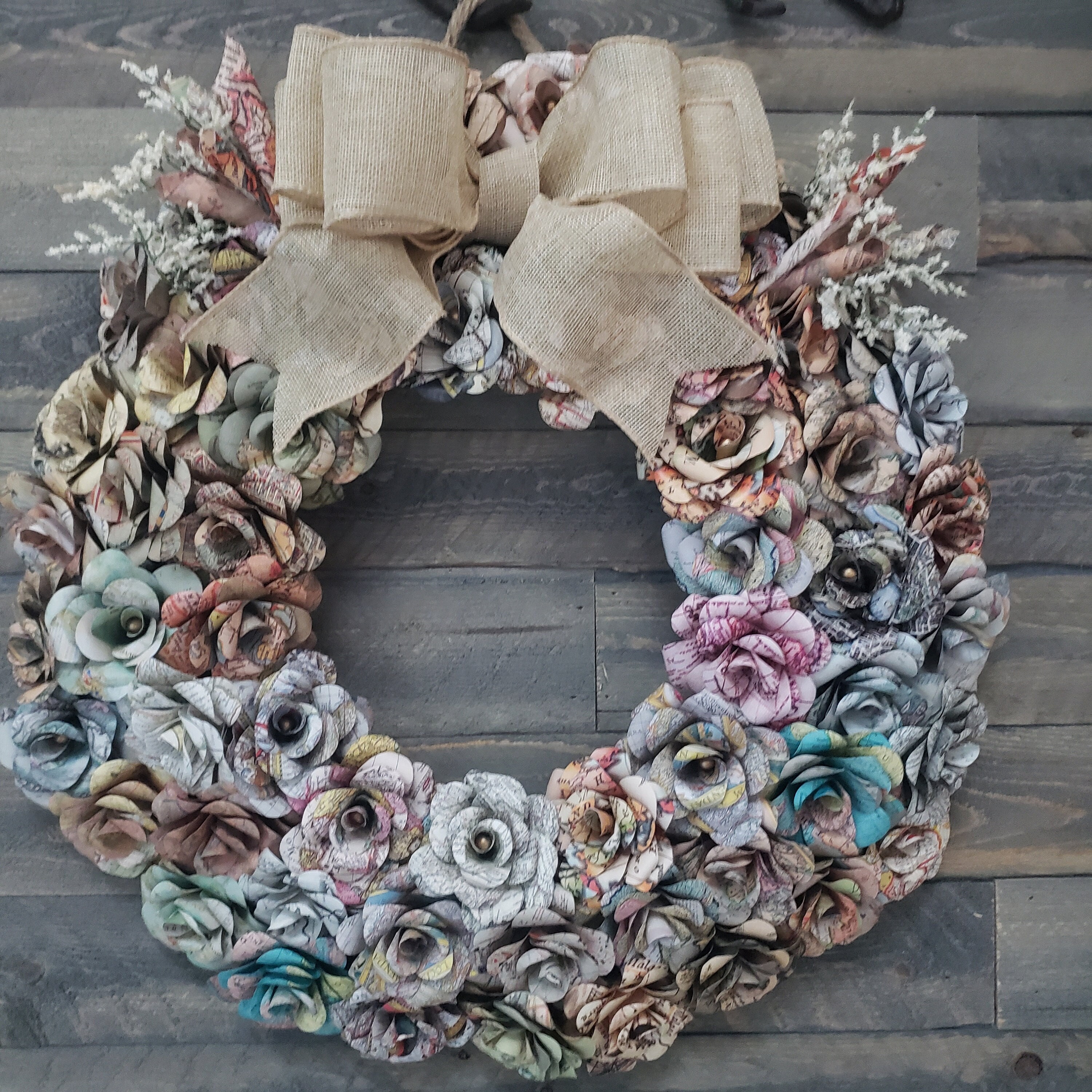 Vintage Map Paper Flower Wreath Map Flowers Are Handmade With Gold Bead ...