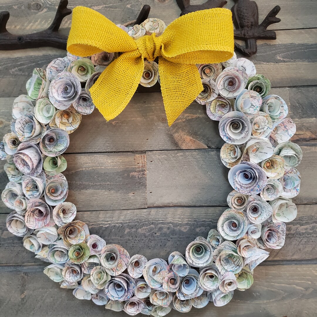 16 Inch Wreath Handmade With Road Map Paper Rolled Flowers - Etsy