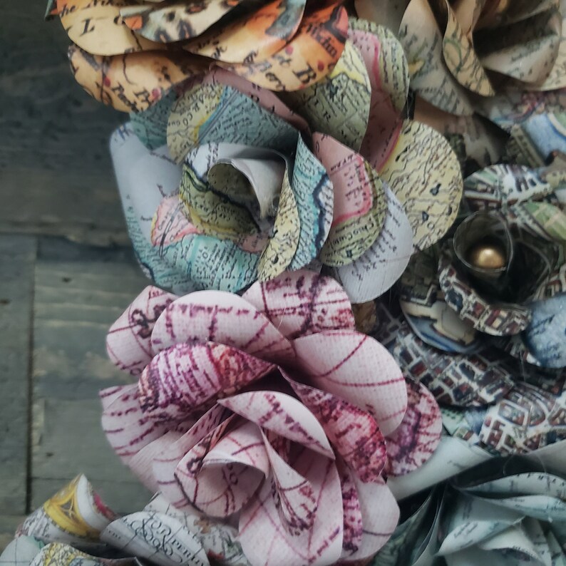 Vintage Map Paper Flower Wreath Map Flowers Are Handmade With Gold Bead ...
