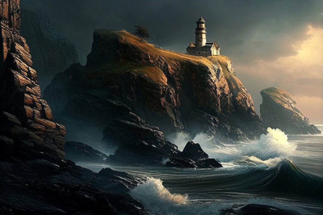 Lighthouse AI Art Digital Download - Stormy Coastal Scene Dramatic ...