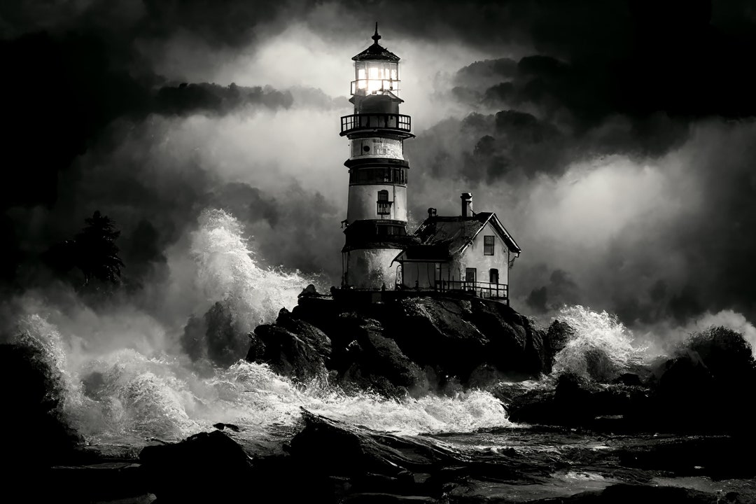 Stormy Night Lighthouse - Black and White AI Art Digital Download ...