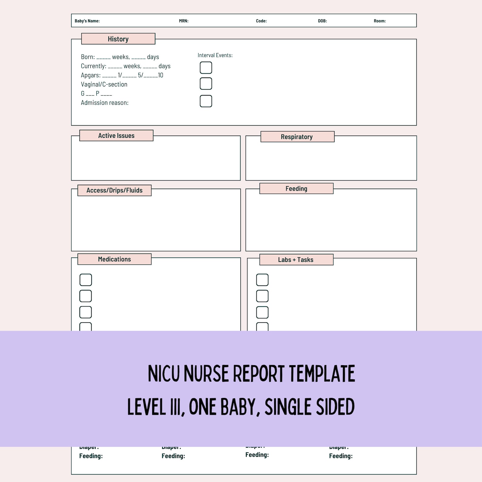 NICU Report Template: 1 Baby, Level III - Etsy