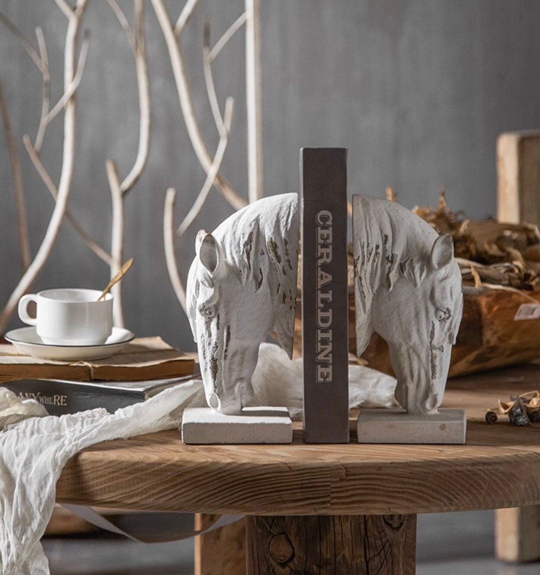 White Distressed Horse Head Resin Bookend Ornament Sculpture Tabletop ...