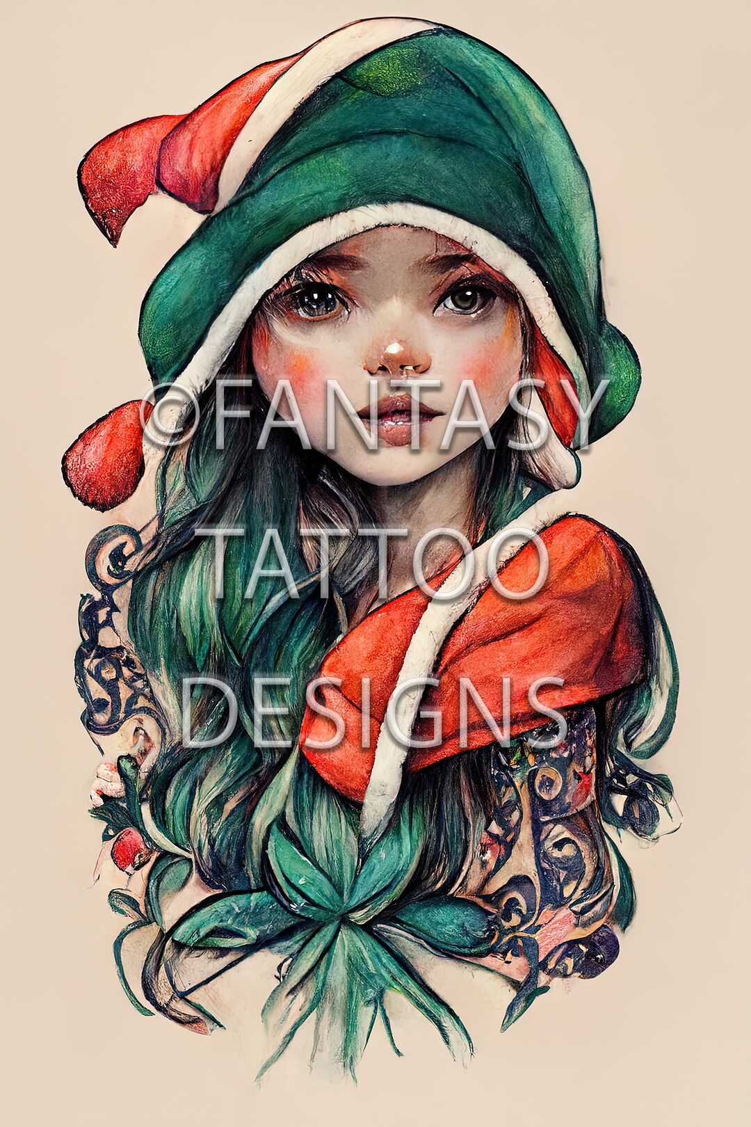 Christmas Elf Fantasy Tattoo Design Digital Download Illustration ...