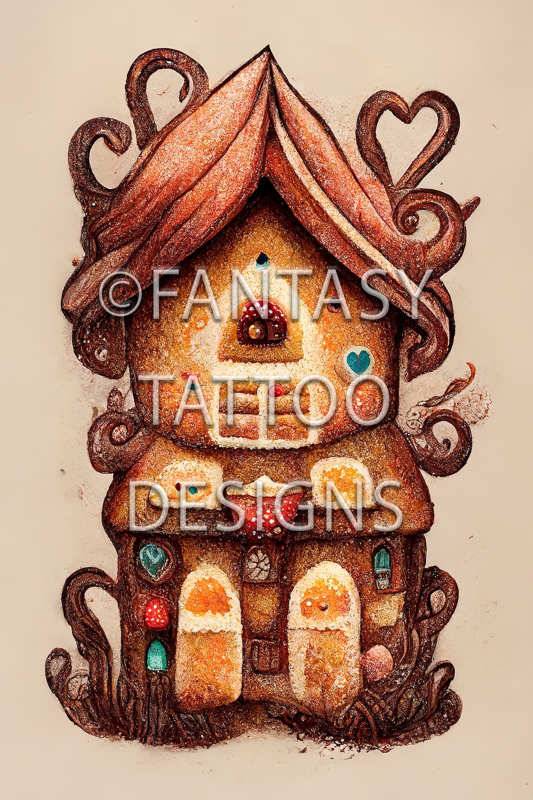 Gingerbread House Fantasy Tattoo Design Digital Download Illustration ...