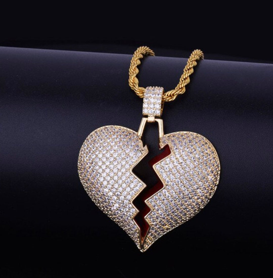 Broken Heart Iced Out Necklace Charm/pendant - Etsy