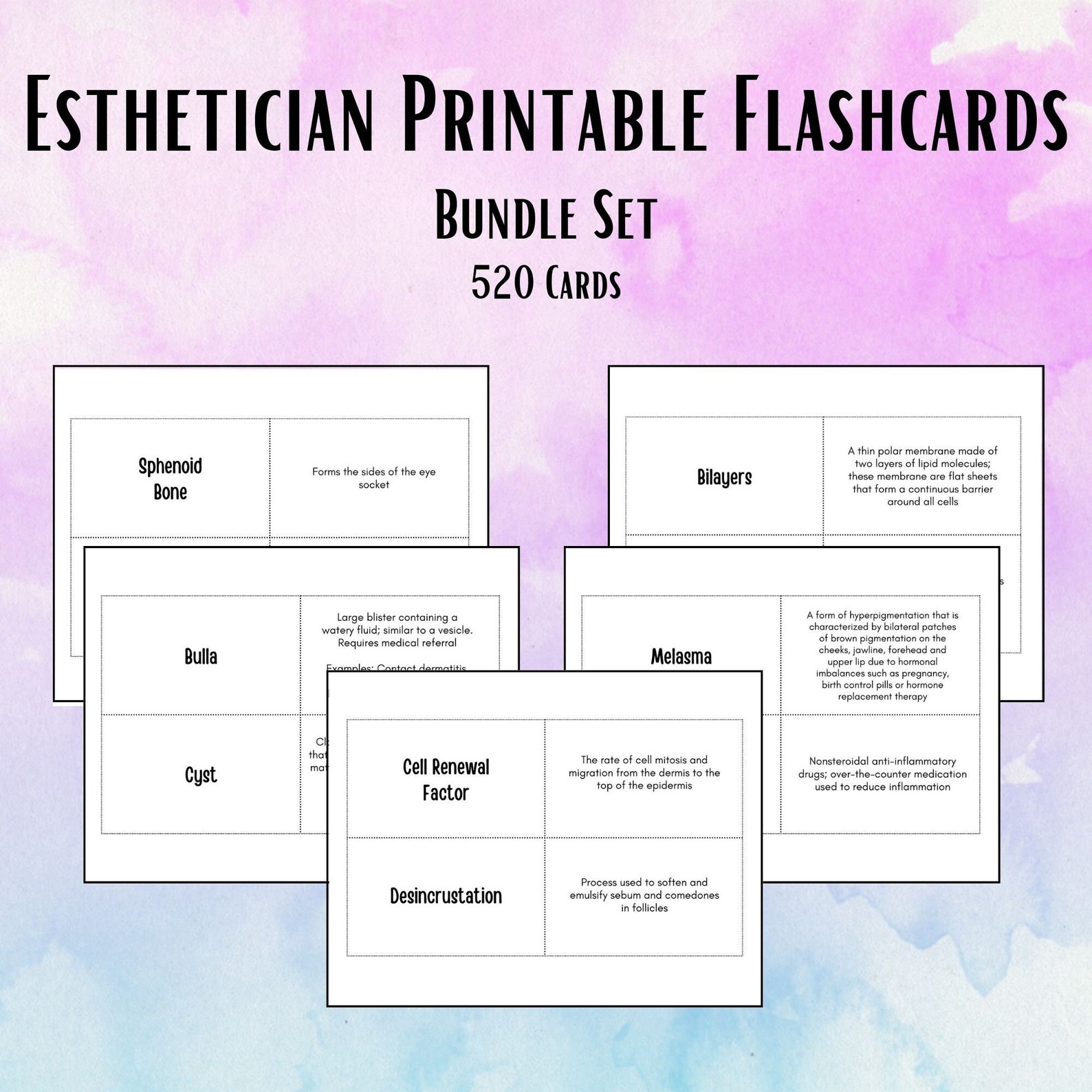 520 Esthetics Bundle Flashcards, Printable Flashcards, Esthetics Flashcards, Esthetician ...