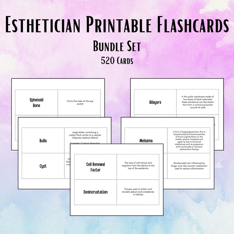 520 Esthetics Bundle Flashcards, Printable Flashcards, Esthetics ...