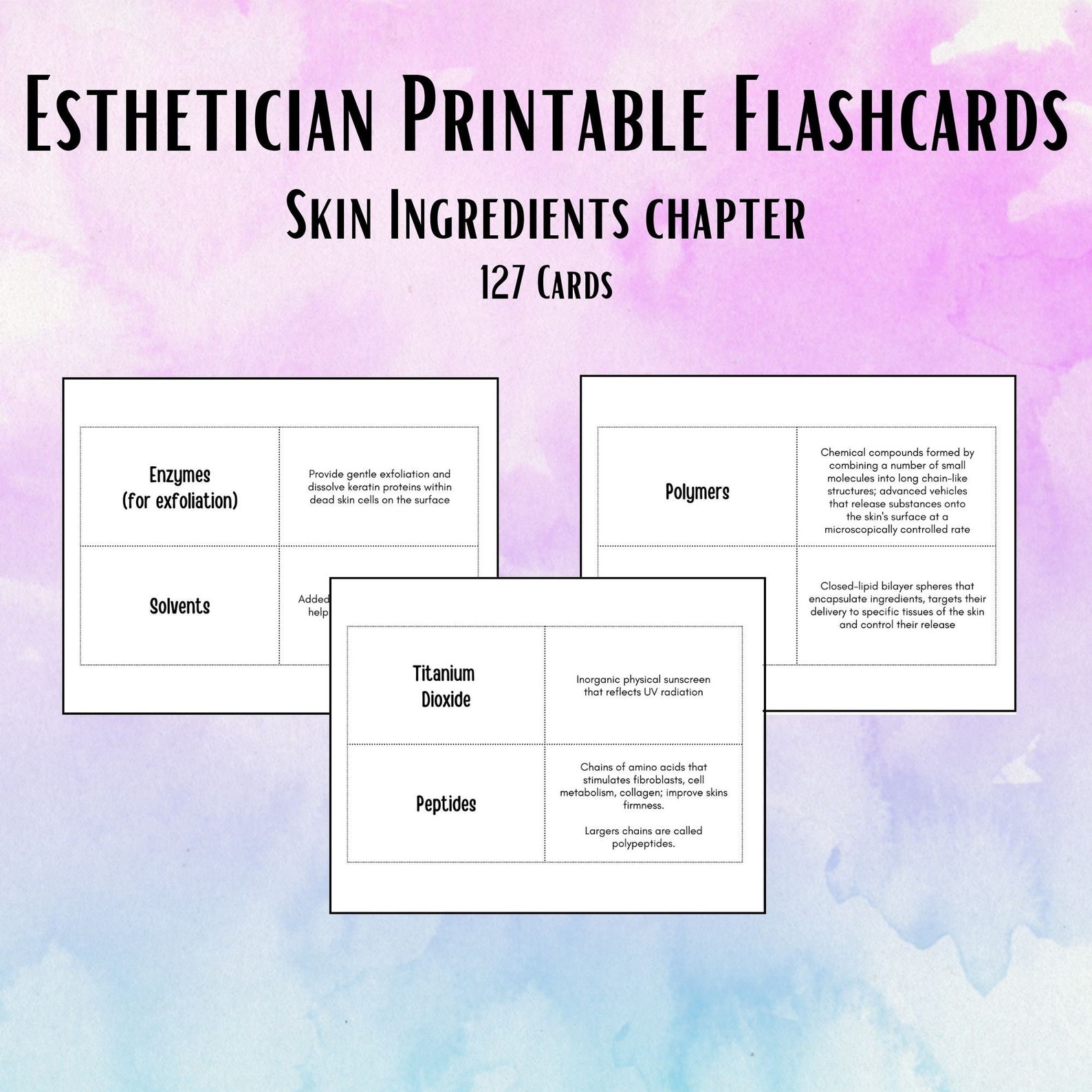 127 Skin Care Ingredients Flashcards, Printable Flashcards, Esthetics ...