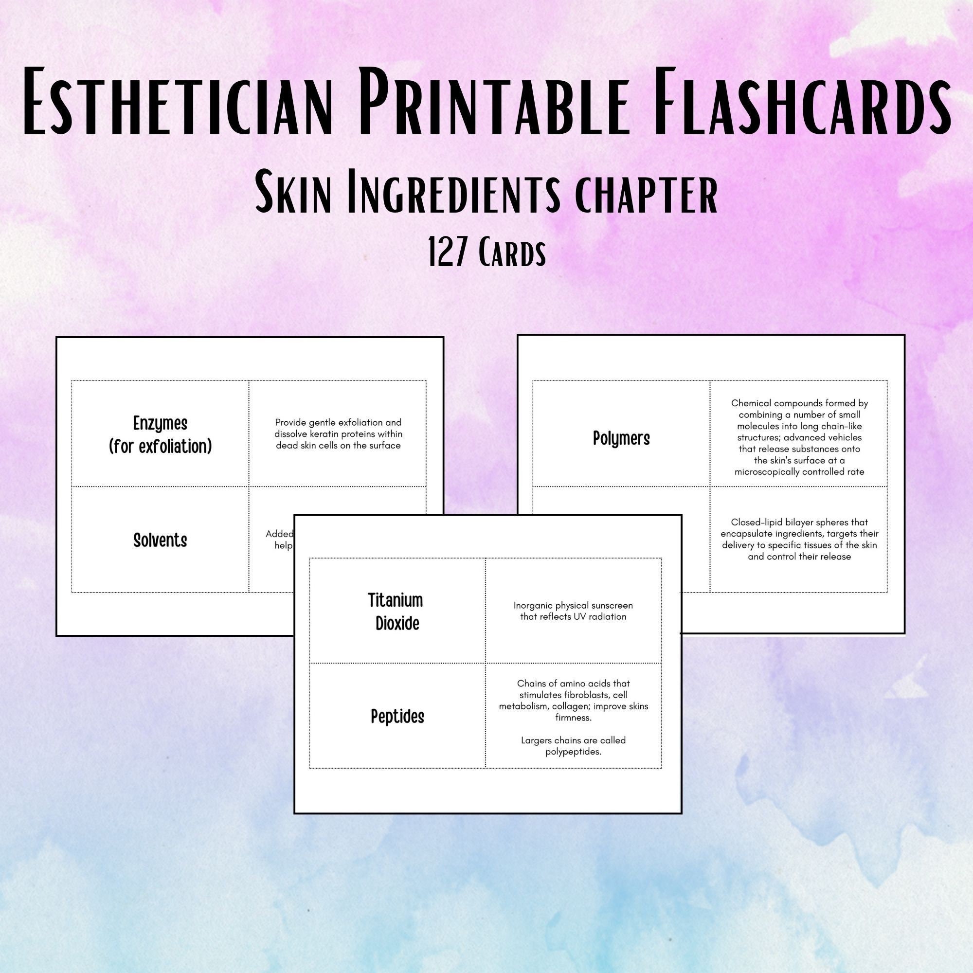 127 Skin Care Ingredients Flashcards, Printable Flashcards, Esthetics ...